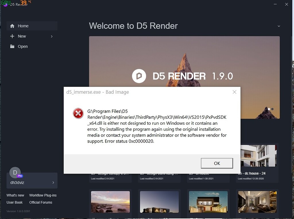 D5 1.9.0 - Launch failure might be caused by system DLLs missing, try to repair it automatically ...